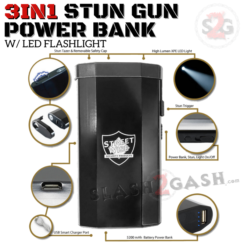 3-In-1 Stun Gun Power Bank Phone Charger w/ LED Flashlight 28M Volts ...