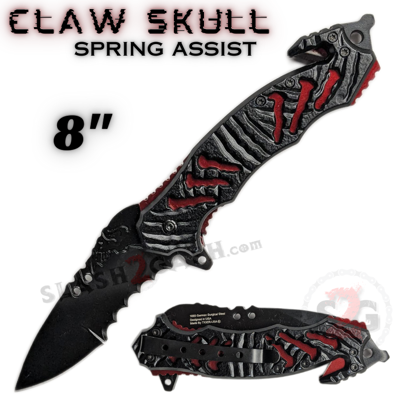 Claw Spring Assisted Rescue Knife w/ Cutouts 3D Skull - Blood Red ...
