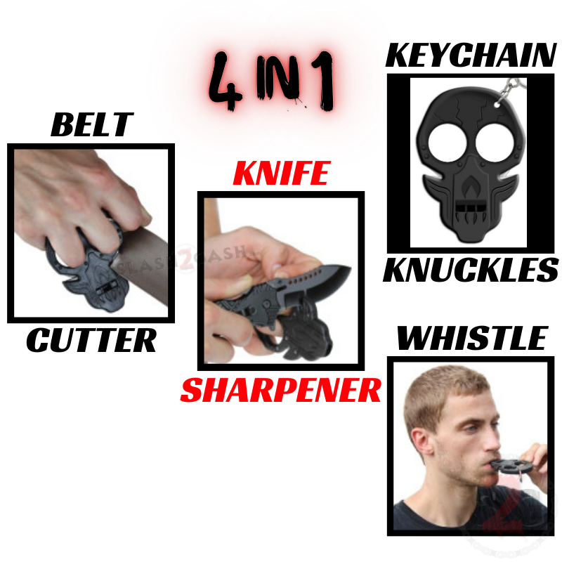 Demonic Skull Self Defense 4-In-1 Multi-Tool Keychain Knuckles - Black ...