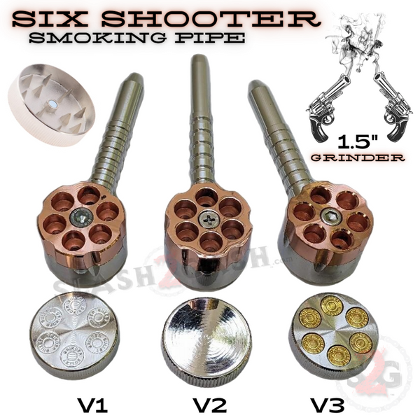 Six Shooter Revolver Smoking Bullet Metal Pipe w/ Grinder - 3 Versions ...