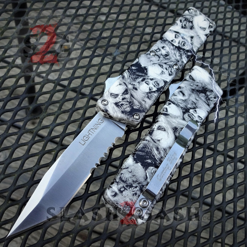 Lightning OTF Knife D/A Zombie Skulls Switchblade - Single Edge Serrat ...