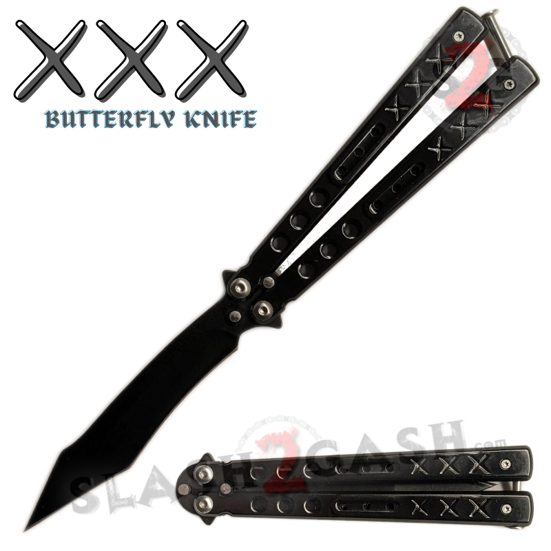 XXX Black Butterfly Knife SHARP Steel Balisong - Recurve Blade – Slash2Gash