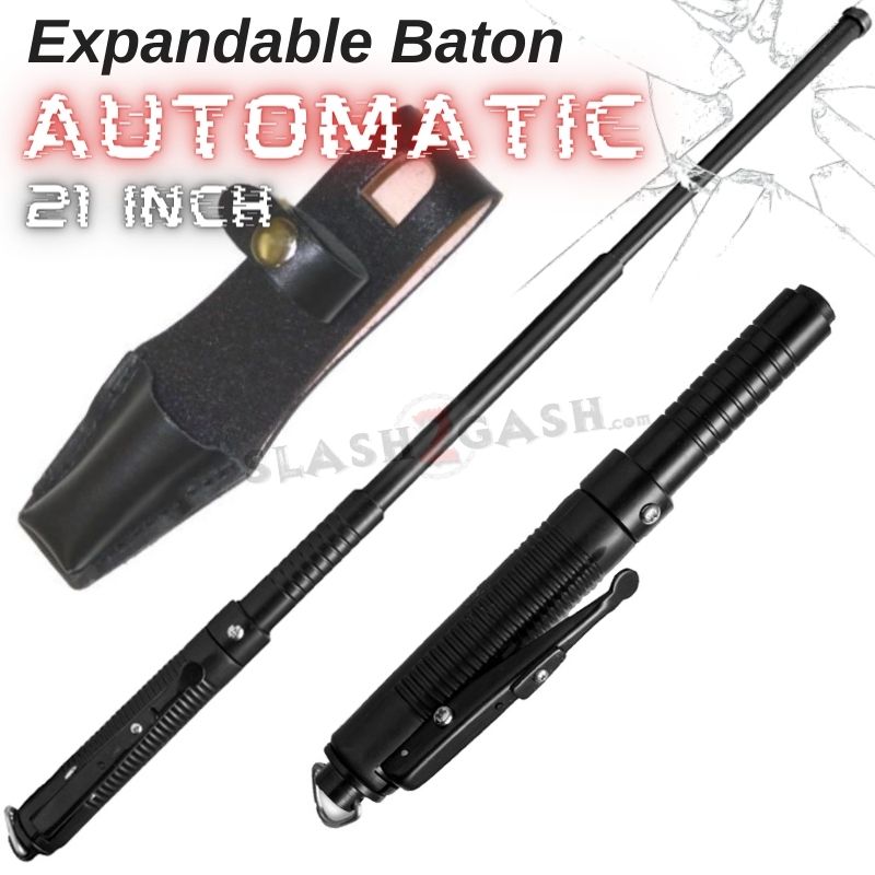 AUTOMATIC Baton Police Grade W/Leather Solid Metal Stick Black – Slash2Gash