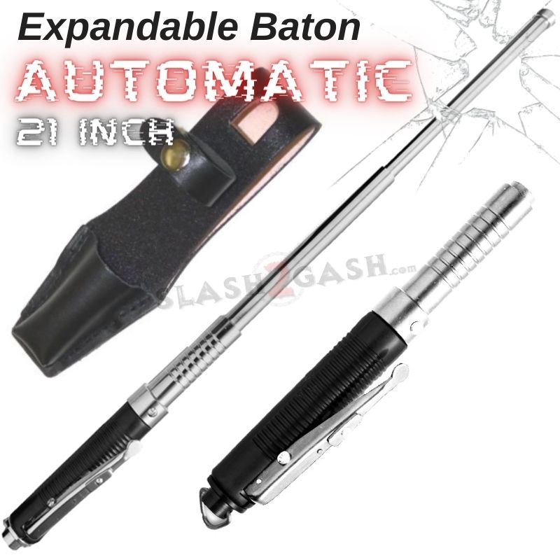 AUTOMATIC Baton Police Grade W/Leather Solid Metal Stick Black – Slash2Gash