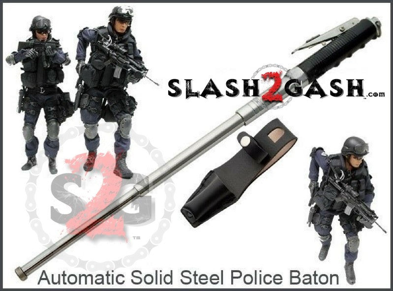 AUTOMATIC Baton Police Grade W/Leather Solid Metal Stick Black – Slash2Gash