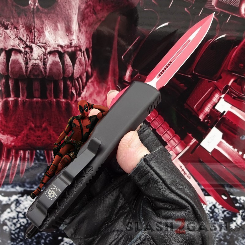 Deadpool OTF Knife Delta Force Automatic Black and Red Switchblade CNC ...