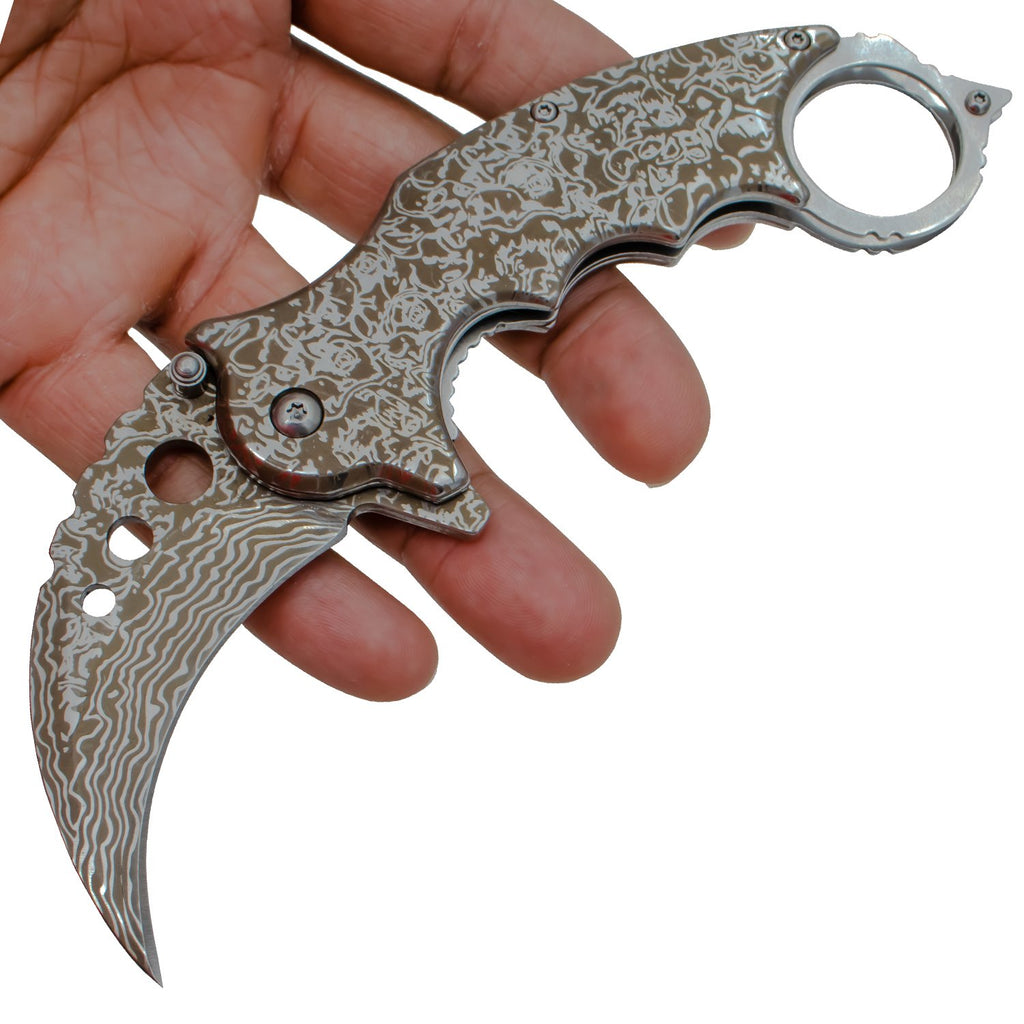 Etched Damascus Karambit Knife Spring Assisted Folder - 5 Colors ...