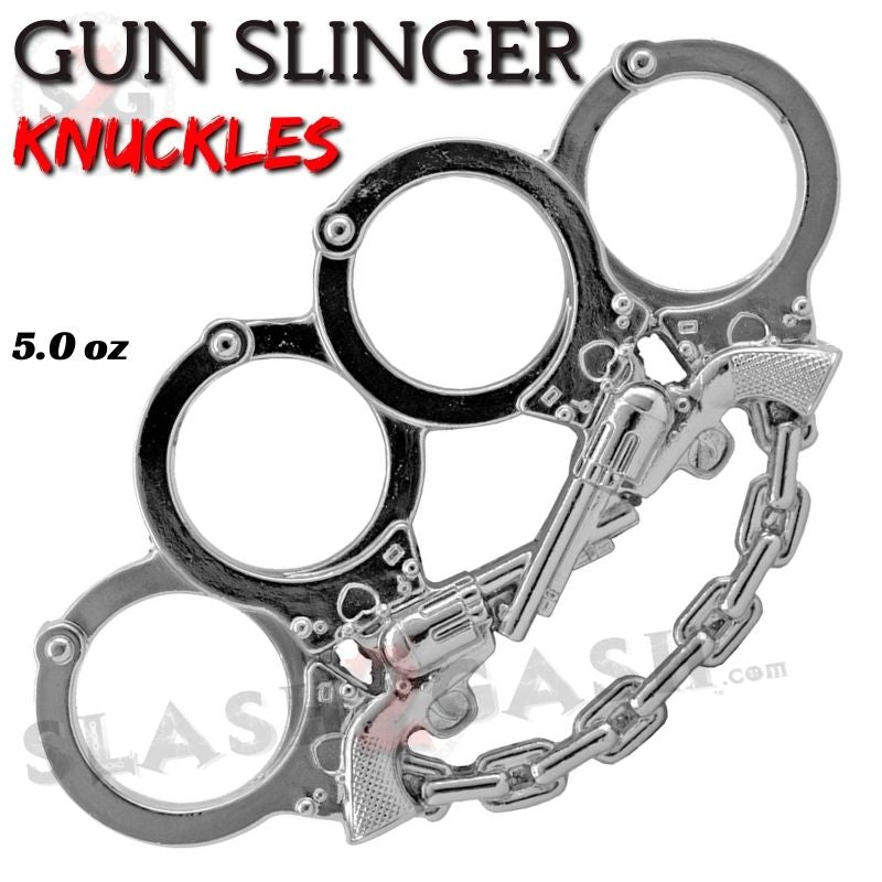 Gunslinger Brass Knuckles Crossed Pistols Handcuff Chain - Silver ...