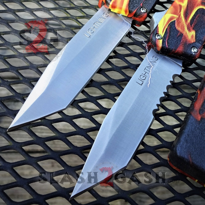Lightning OTF Knife D/A Flame Fire Switchblade - Tanto Serrated ...