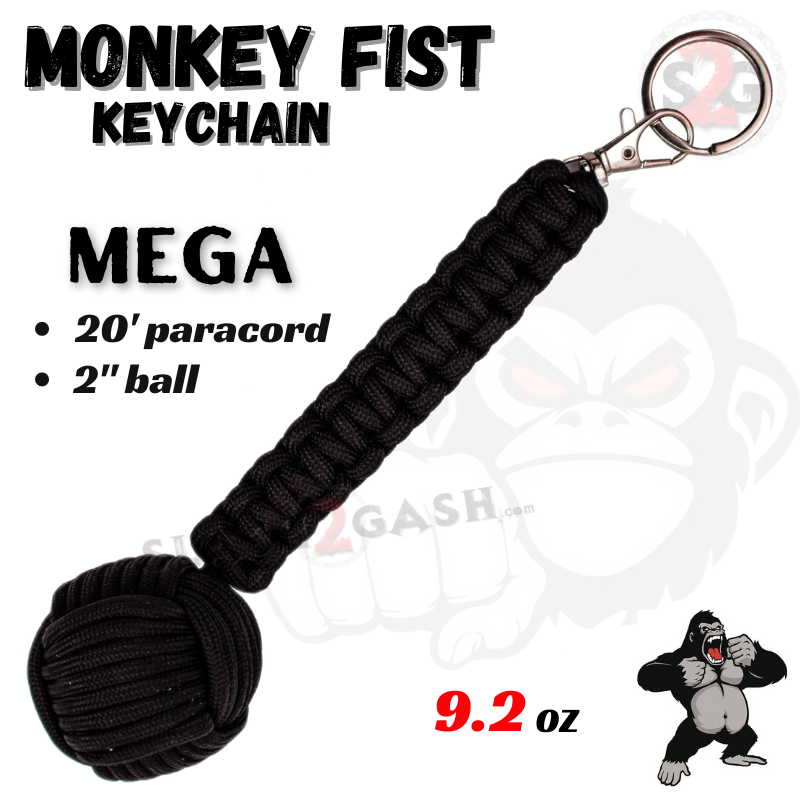 MEGA Monkey Fist Self Defense Paracord Key Chain 2" Ball - Black ...