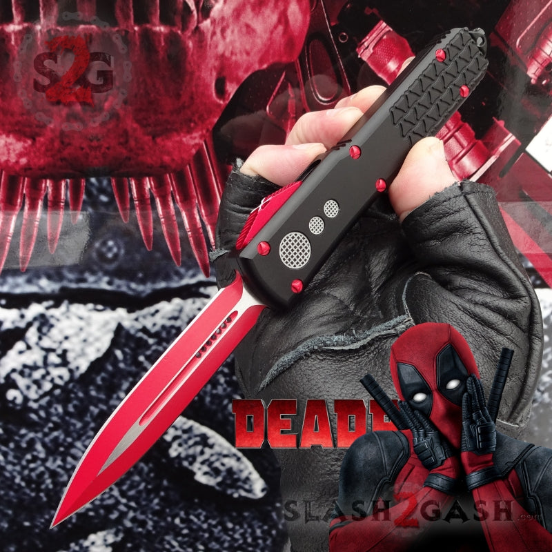 Deadpool OTF Knife Delta Force Automatic Black and Red Switchblade CNC ...