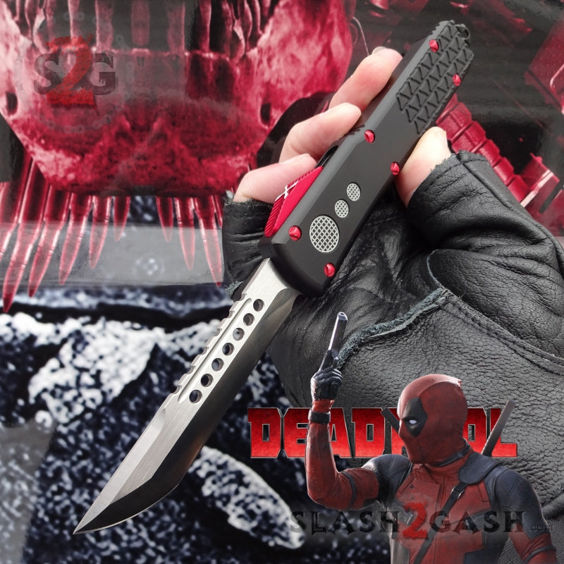 Deadpool OTF Knife Delta Force Automatic Black and Red Switchblade CNC ...