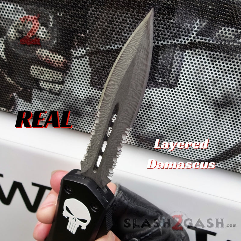 Punisher Skull OTF Knife REAL Damascus Delta Force - Dagger Serrated ...