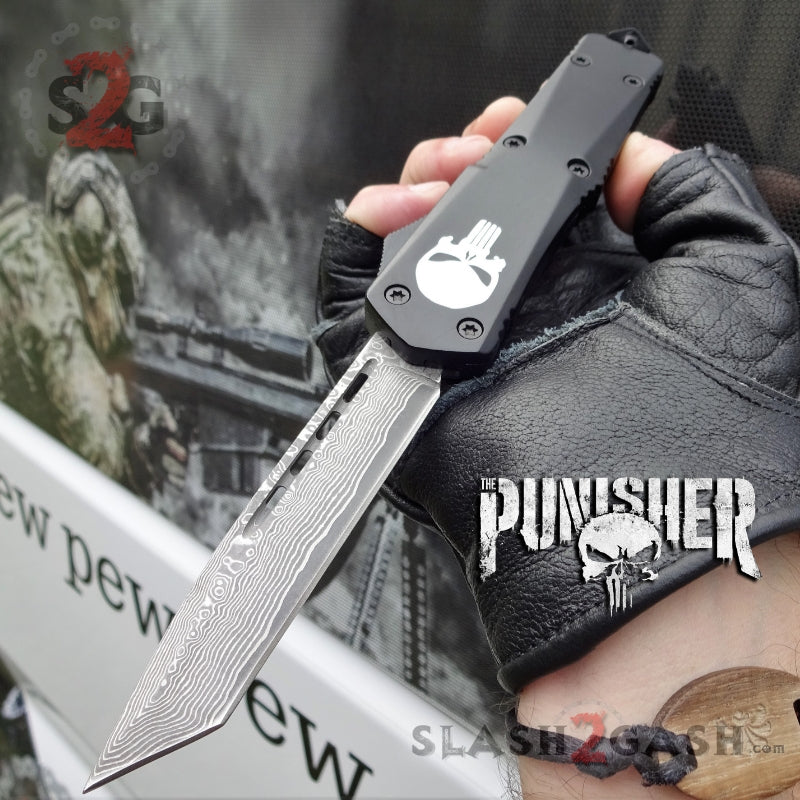 Punisher Skull OTF Knife REAL Damascus Delta Force - Tanto Plain ...