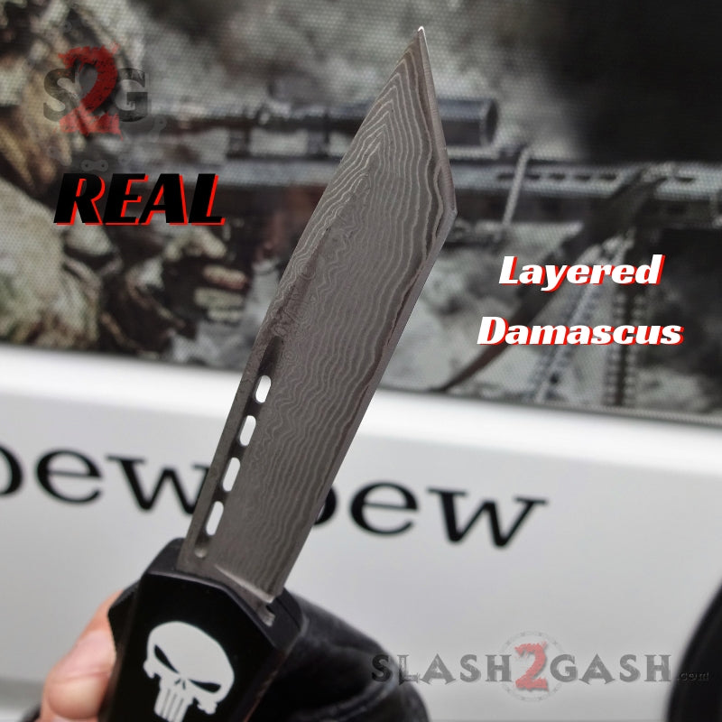 Punisher Skull OTF Knife REAL Damascus Delta Force - Tanto Plain ...