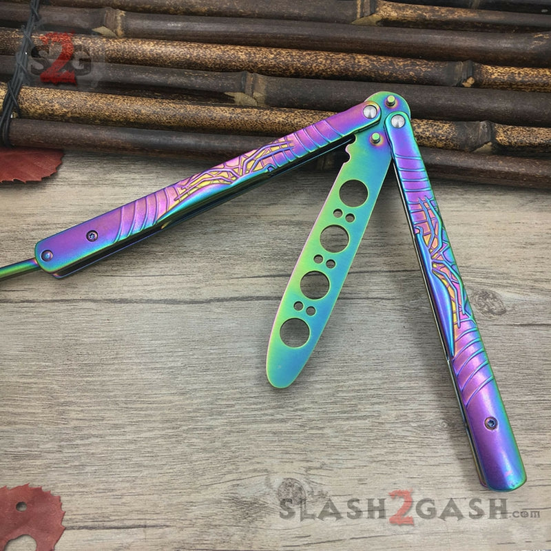 Spider Butterfly Knife Blue Titanium TRAINER Dull Balisong w/ Spring L ...
