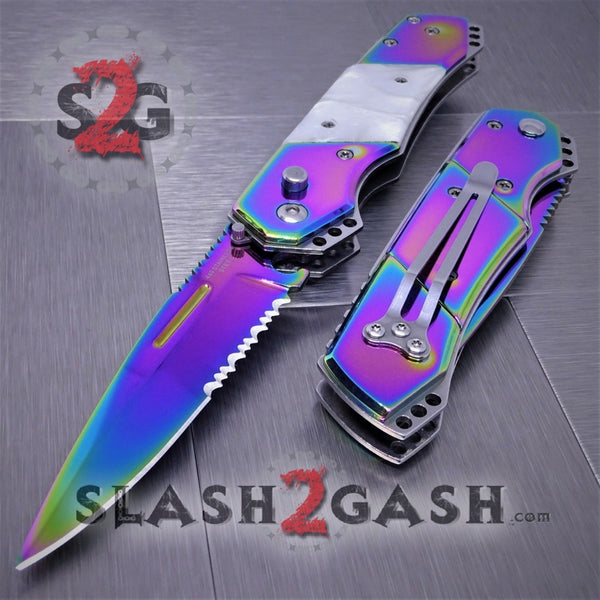 Gentleman's Titanium Rainbow Automatic Knife Serrated - White Marble ...
