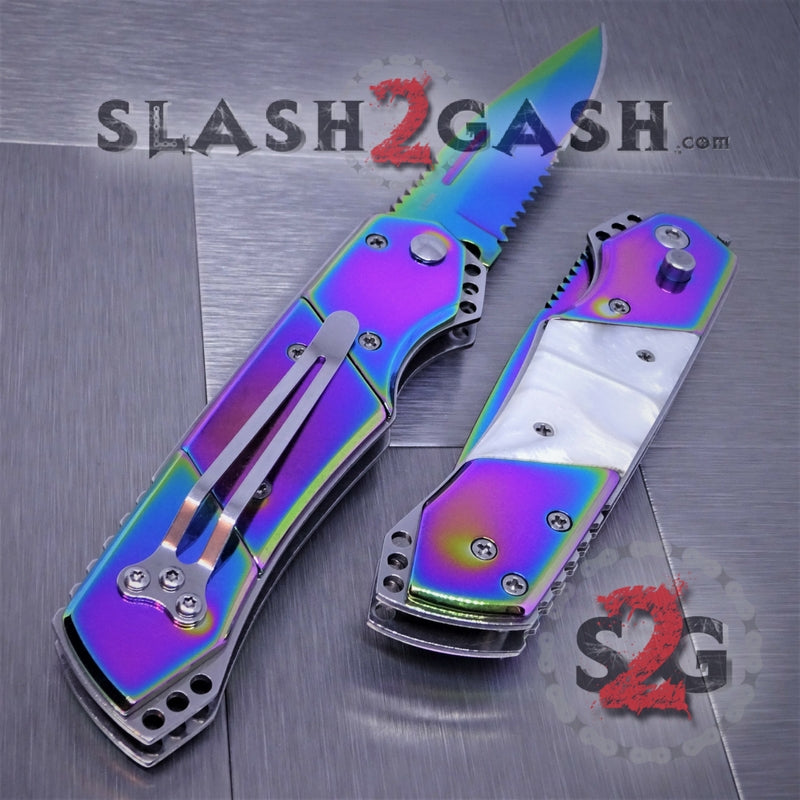 Gentleman's Titanium Rainbow Automatic Knife Serrated - White Marble ...