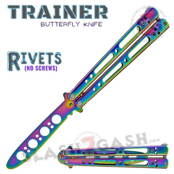 Rainbow Trainer Butterfly Knife Steel Riveted Balisong w/ Spring Latch ...