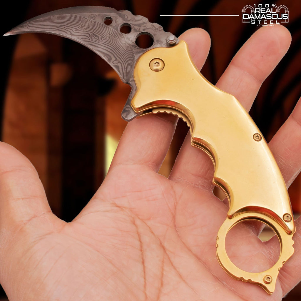 REAL Damascus Karambit Knife Spring Assisted Folder - 5 Colors – Slash2Gash