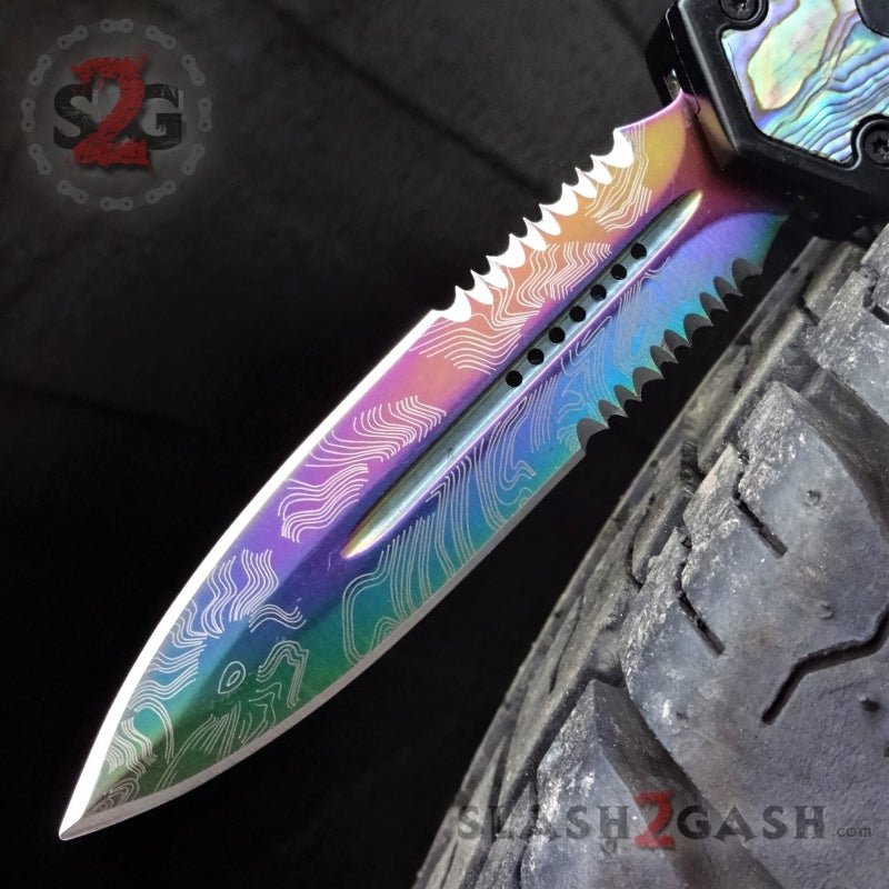 Black Scarab D/A OTF Knife Rainbow Damascus 440c w/ Abalone - Serrated ...