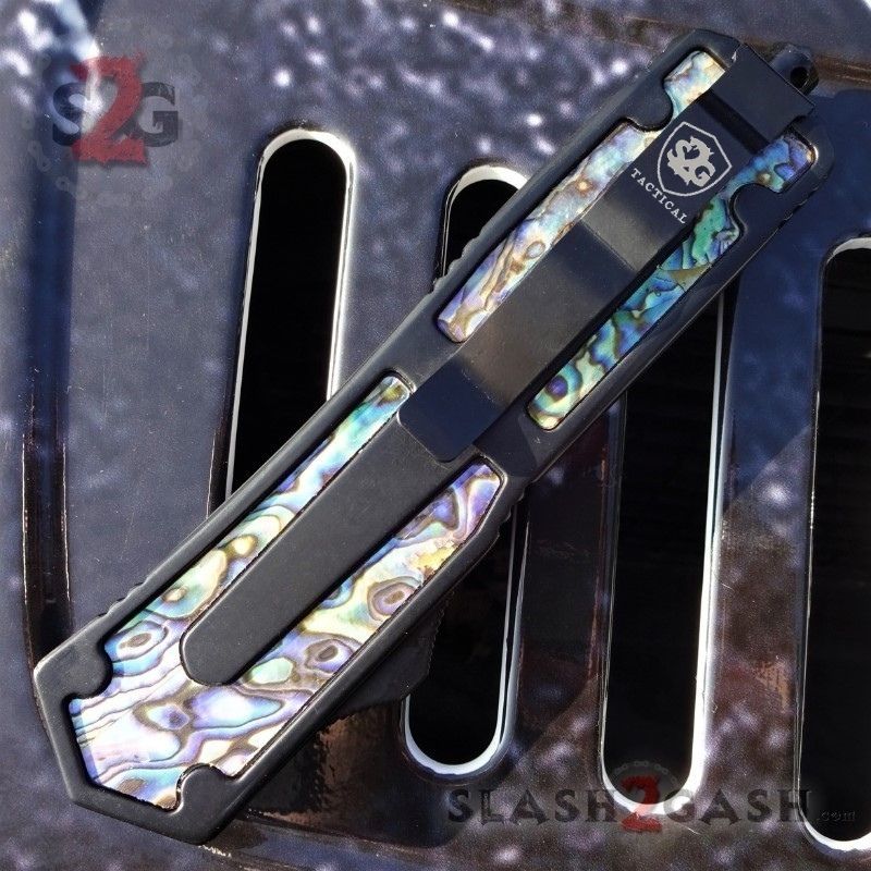 Black Scarab D/A OTF Knife Rainbow Damascus 440c w/ Abalone - Plain ...