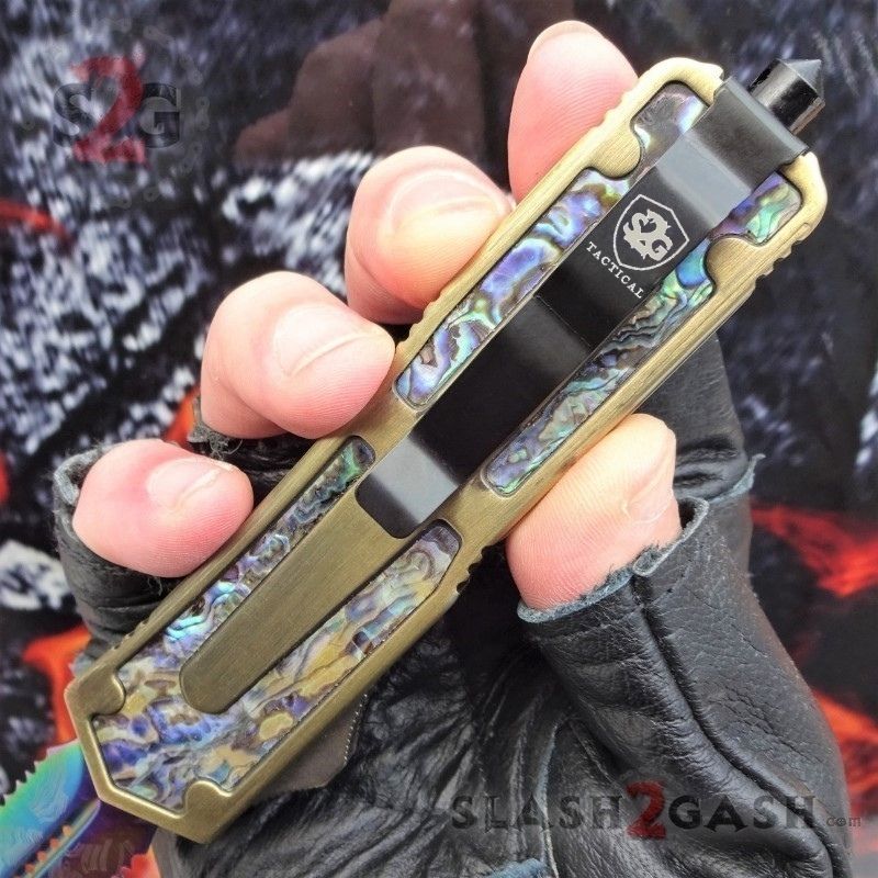 Golden Scarab D/A OTF Knife Rainbow Damascus 440c w/ Abalone - Plain ...