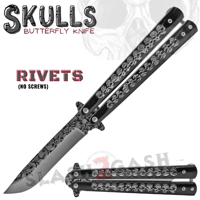 Skulls Butterfly Knife Steel Balisong (Riveted) - Assort. Colors ...