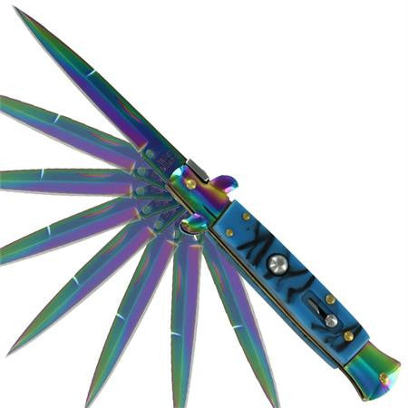 9" Italian Milano Stiletto Blue Titanium Rainbow Classic Automatic Kni ...
