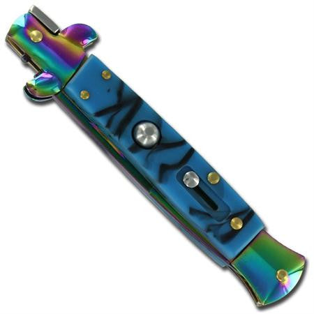 9" Italian Milano Stiletto Blue Titanium Rainbow Classic Automatic Kni ...