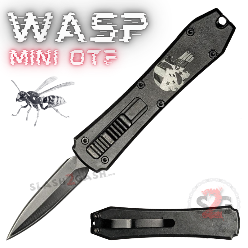 Wasp Mini OTF Knife Small Auto Switchblade Dagger - Punisher Black ...